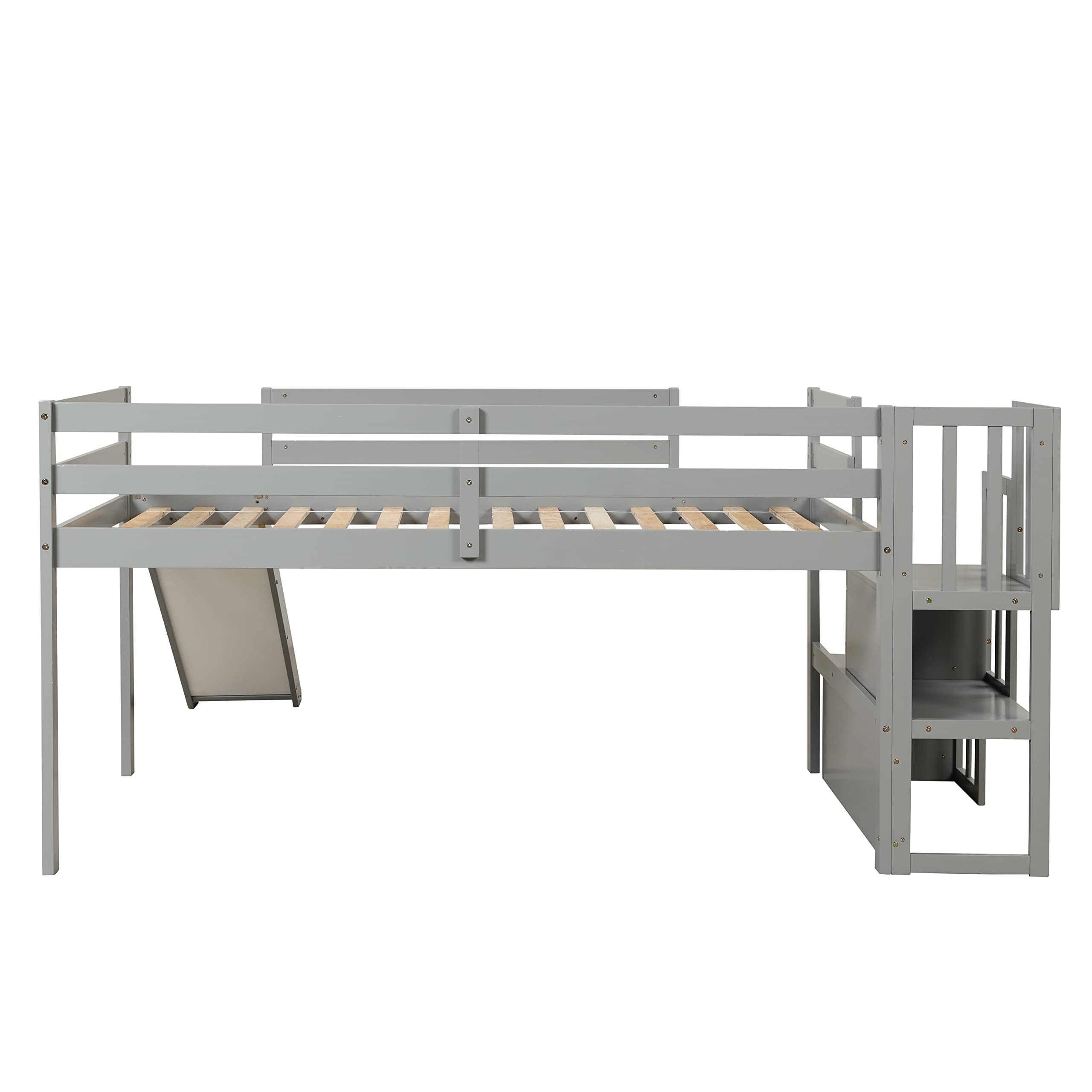Harper & Bright Designs Twin Loft Bed with Slide and Stairs, Solid Wood Kids Loft Bed with Full-Length Safety Guardrails, for Girls Boys – Gray