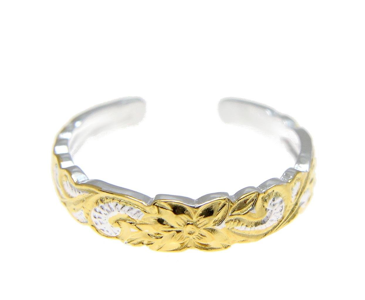 Arthur's Jewelry 925 sterling silver 2 tone yellow gold plated Hawaiian plumeria flower scroll 4mm cut out open toe ring