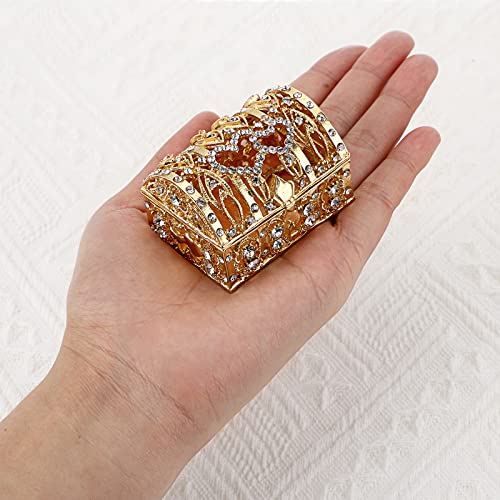 ELLDOO Crystal Treasure Chest Box Floral Engraved Jewelry Box Wedding Box Keepsake Box Ring Earring Small Trinket Storage Organizer Box for Girls Women Wedding Brithday Gift, Gold