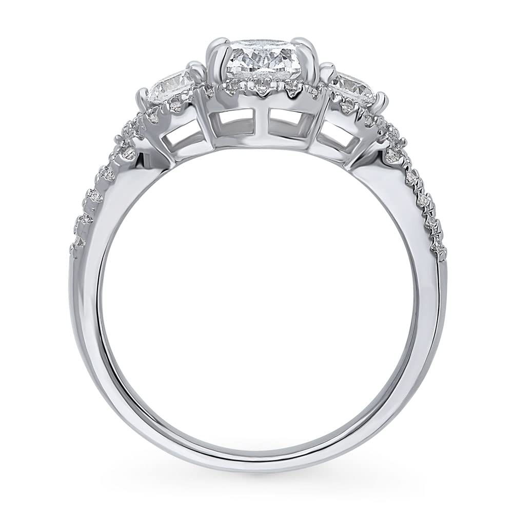 BERRICLE Sterling Silver 3-Stone Wedding Engagement Rings Oval Cut Cubic Zirconia CZ Halo Split Shank Ring for Women, Rhodium Plated Size 5