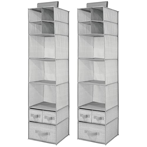 mDesign Soft Fabric Over Closet Rod Hanging Storage Organizer with 7 Shelves and 3 Removable Drawers for Child/Kids Room or Nursery - Herringbone Print, 2 Pack - Gray