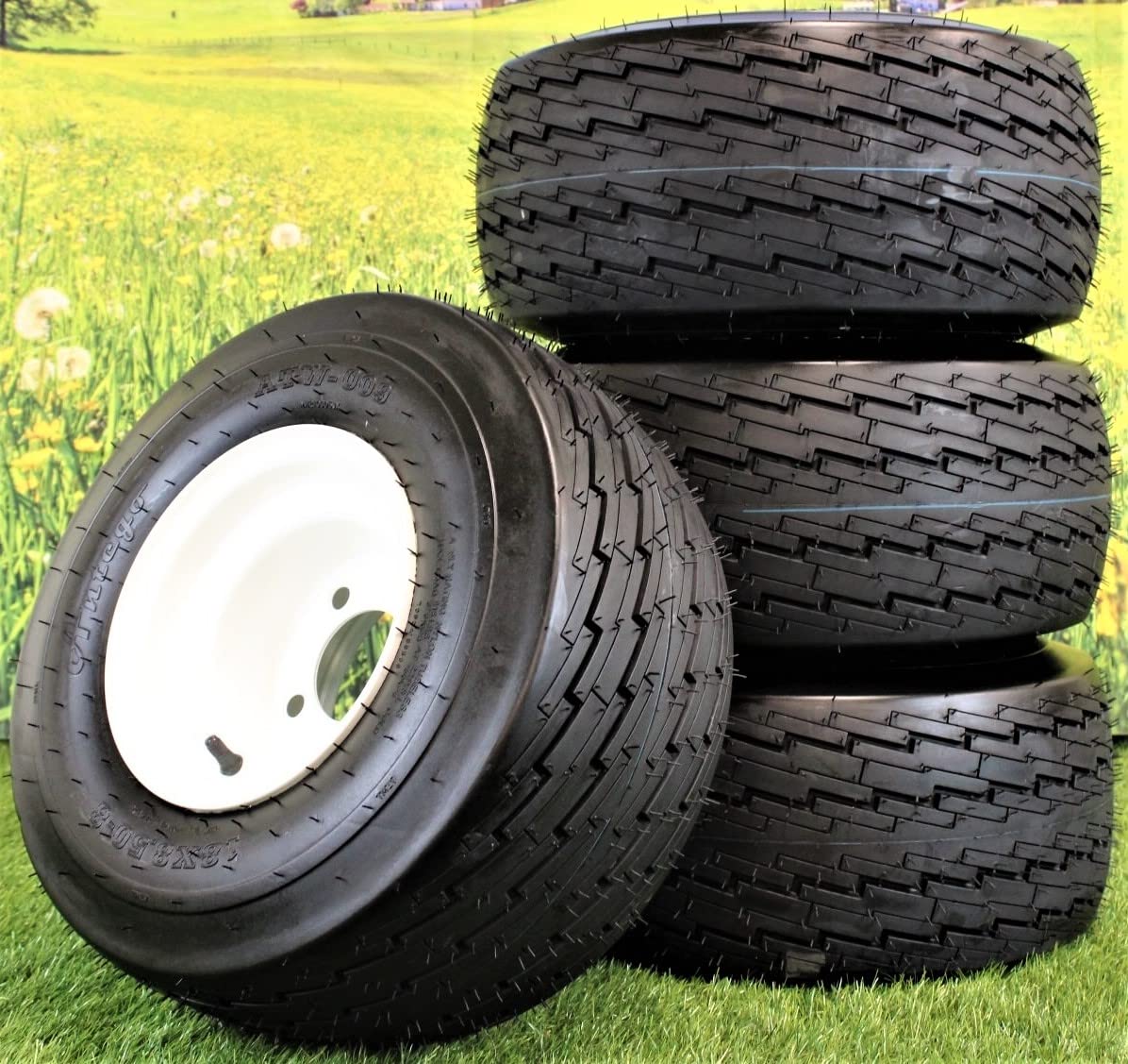 Antego Tire & Wheel 18x8.50-8 Tires on 8x7 Steel Wheels White Assemblies for Golf Carts and Lawn Mowers (Set of 4)