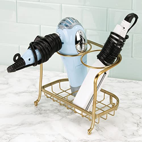 mDesign Steel Bathroom Countertop Hair Tool Storage Organizer Accessory Basket Tray, Vanity Table Holder for Hair Dryer, Flat and Curling Irons, Styling Products, Hyde Collection, Soft Brass