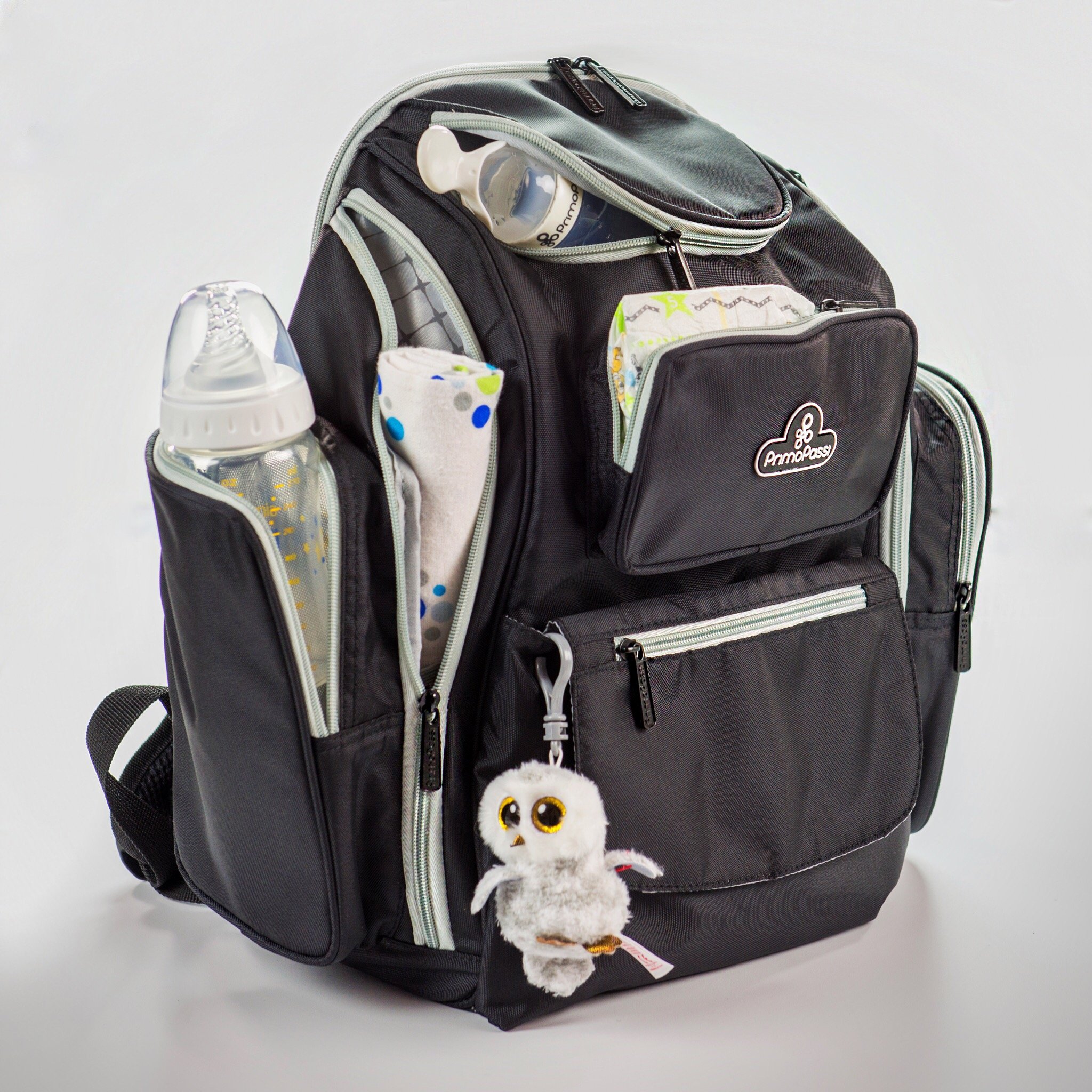 Primo Passi Baby Diaper Bag Backpack with Insulated Pockets, Wipes Case, Changing Pad, and Stroller Straps (Grey)