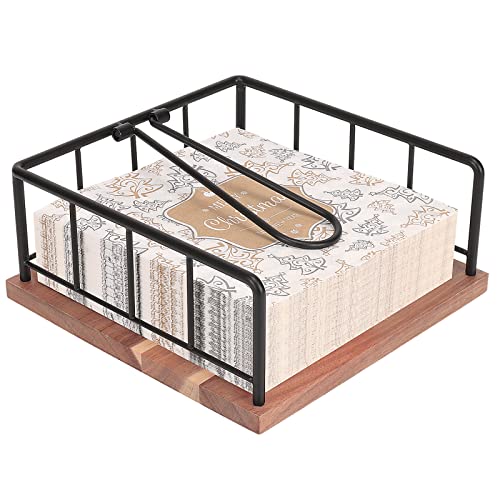 Livabber Flat Napkin Holder, Metal Kitchen Napkin Holder with Weighted Tension Arm Rustic Tissue Paper Dispenser for Countertop, Table Kitchen, Dining Room (With Wooden Base, Black)