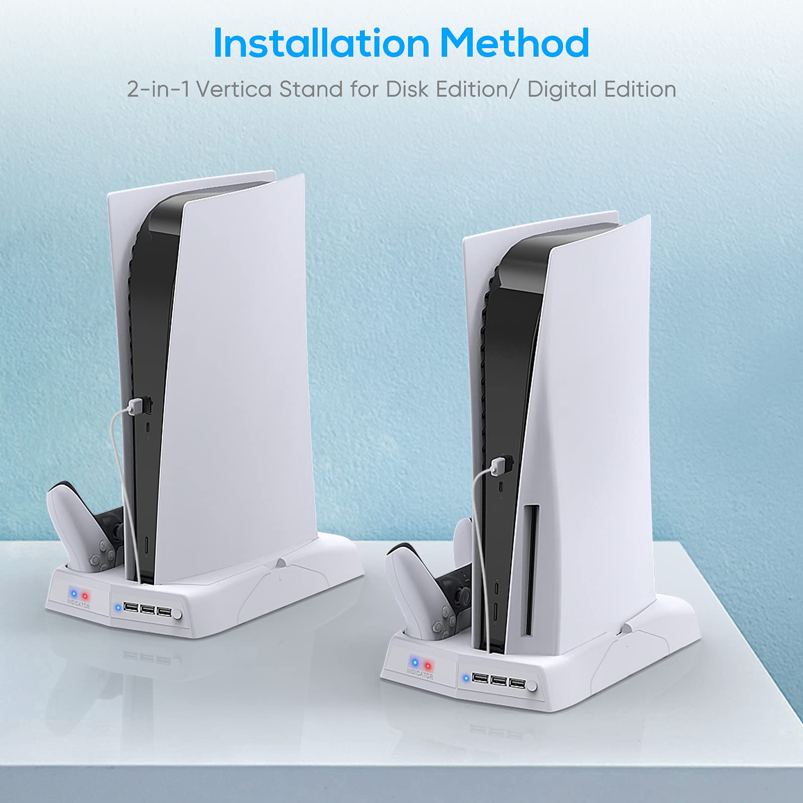 MENEEA Vertical Stand for PS5 Digital Edition/Ultra HD with Dual Controller Charging Station & Suction Cooling Fan & 14 Retractable Game Slots, for PS5 Gaming Accessories for PS5 Console