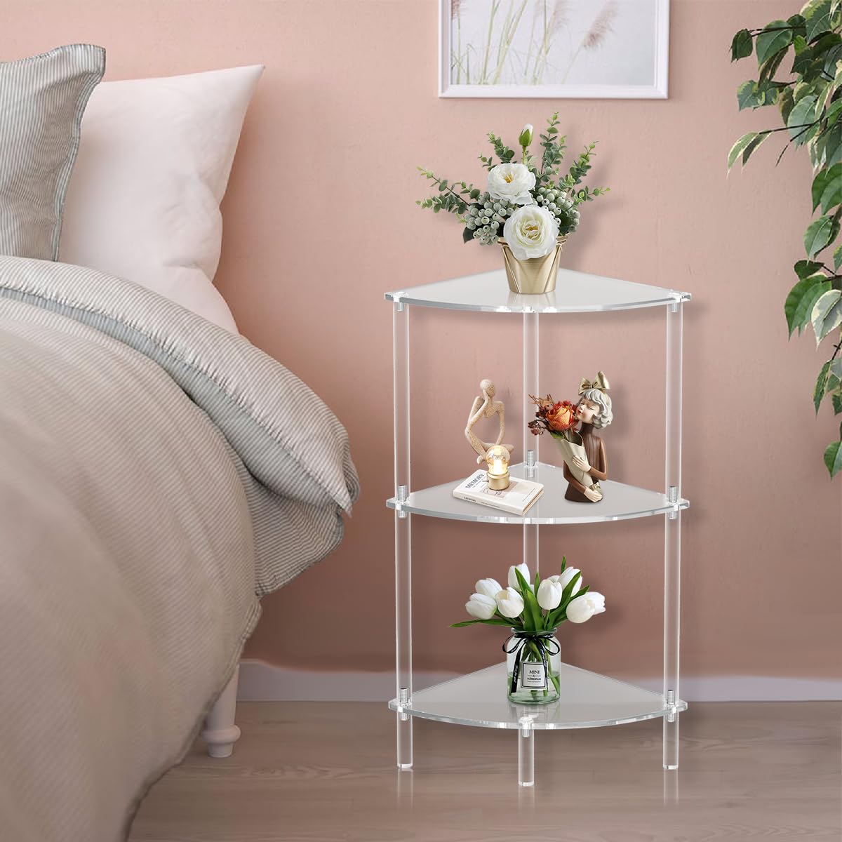 KSary Bathroom Corner Shelf Stand, 3 Tier Solid Acrylic Display Shelf for Narrow Space, Shower Corner Shelf, Plant Stand Nightstand, for Living Room, Bedroom, Home Office