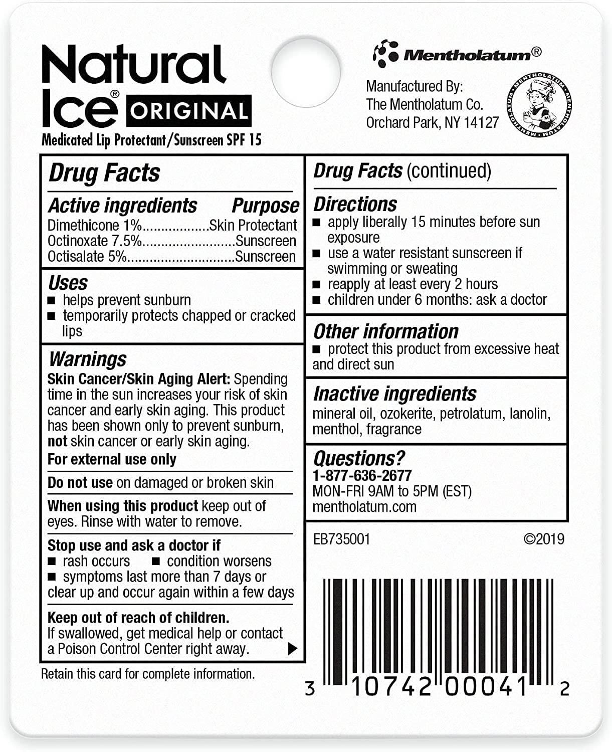 Mentholatum Natural Ice Lip Balm Original SPF 15 1 Each ( Pack of 3)