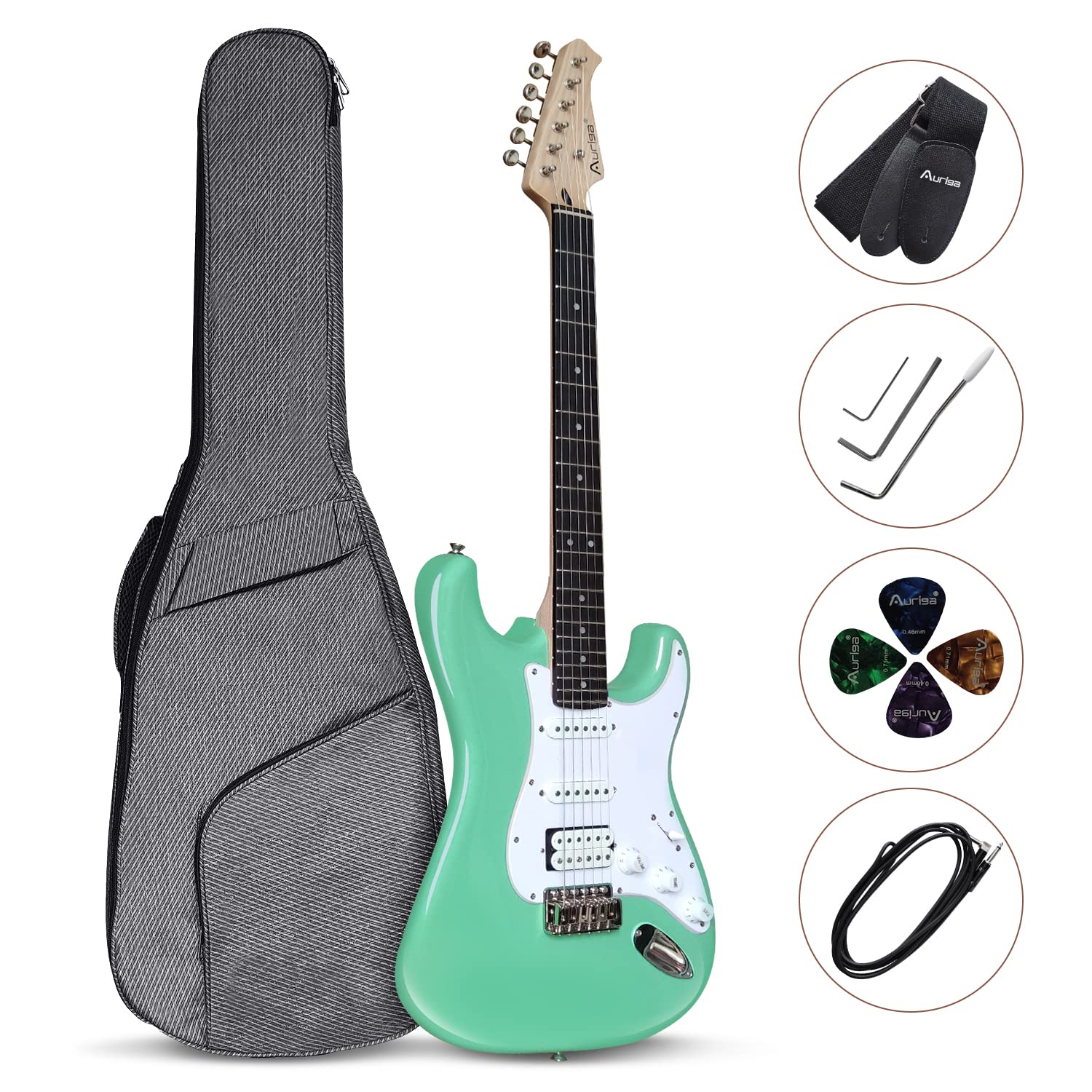 Auriga 39 Inch Electric Guitar (Mint Green-White), 6 string Beginner Guitar Kit with Gig Bag, Tremolo Bar, Strap, Cable, Picks, Hex Wrench