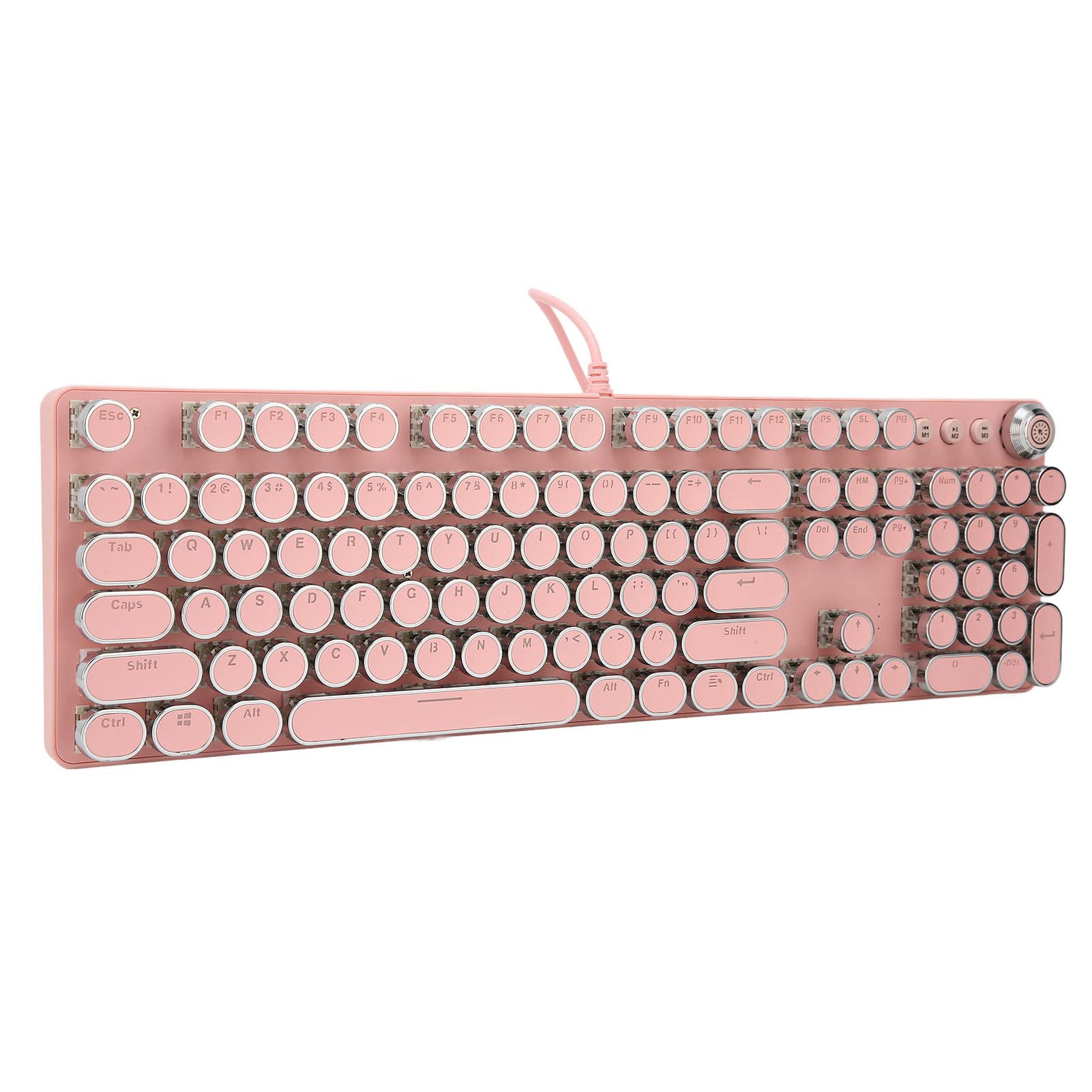 Pink Gaming Keyboard, Round Keycaps Mechanical Keyboard, Retro Punk Typewriter Keyboard, Pink and White Backlight, USB Wired, for Computer(Pink Punk)