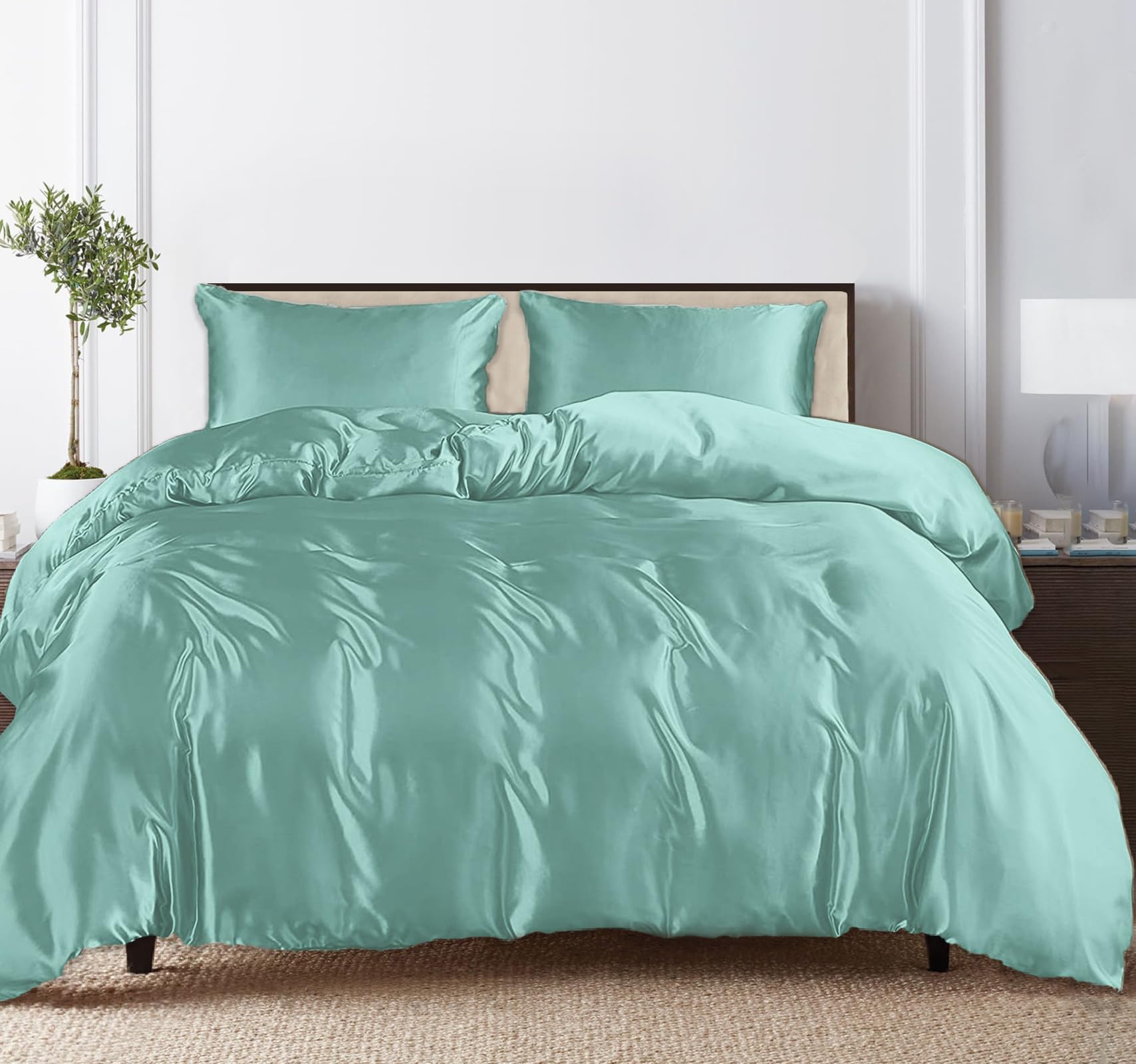 Linenwalas Tencel Lyocell Duvet Cover Set with Deep Pocket Fitted Sheet, Viscose Made from Eucalyptus Soft, Lightweight and Breathable Complete Bedding Set (Aqua, Full)