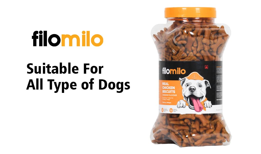 filomilo β Real Chicken Biscuits (Treats) with Ayurvedic Brahmi Powder for All Type of Dogs_17.63 OZ (500 Grams - Chicken Flavour)