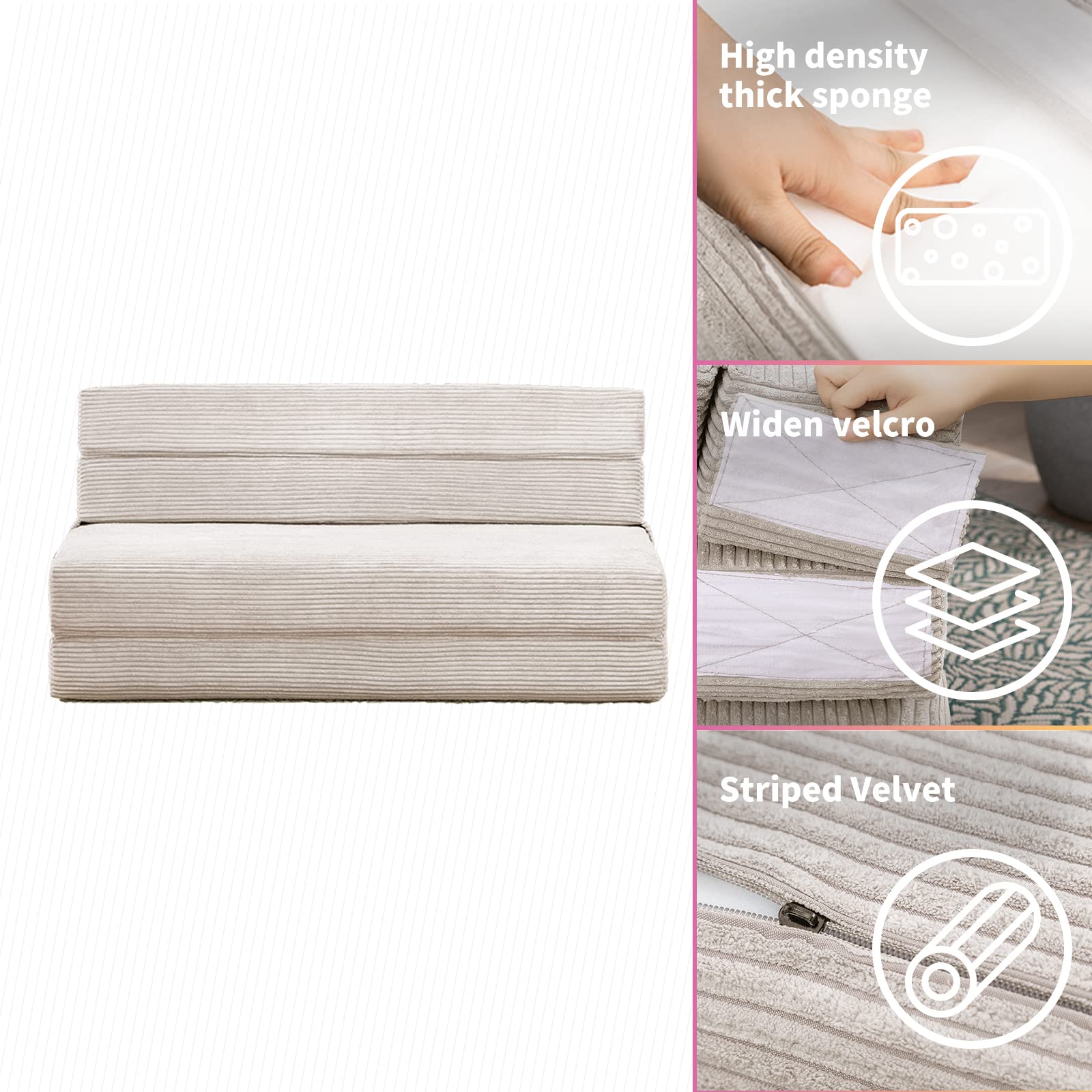 Mixoy Folding Sofa Mattress, Tri Fold Sofa Chair Bed 6.3β,Upholstered Guest Chaise,Floor Couch Sleeper,Folding Futon Sofa Bed Lounge Chaise for Guests,Living Room and Bedroom(Full Size,Beige) 1