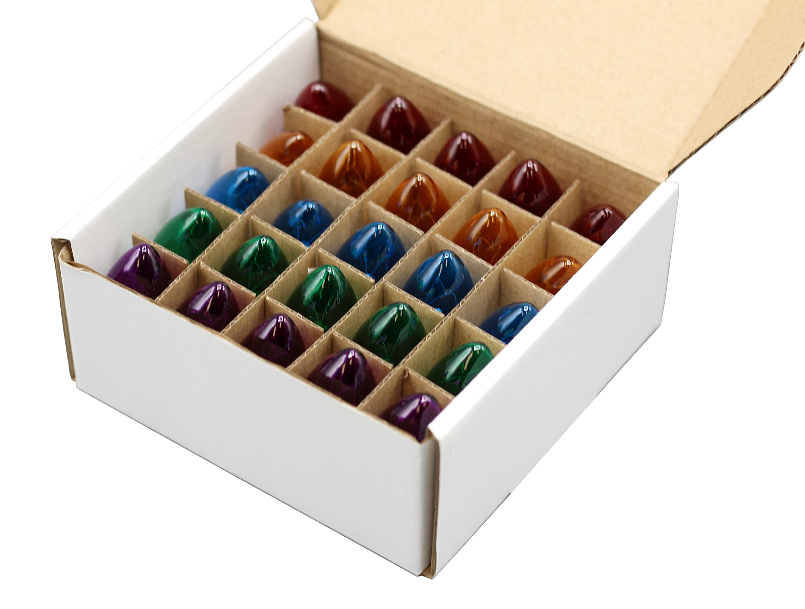 Creative Hobbies 25 Pack C7 Transparent Multicolor Christmas Light Bulbs - 7W Steady Burning Incandescent, Nickel Plated Candelabra Base, Extended Life