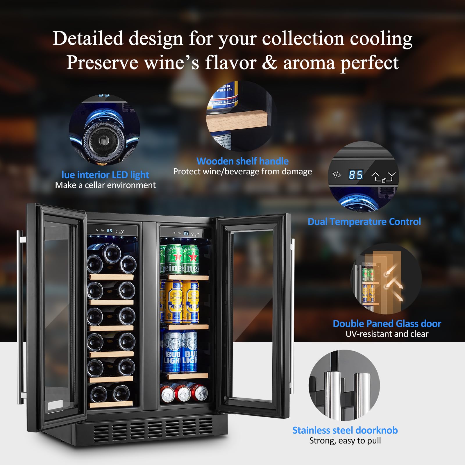 BODEGACOOLER 24 Inch Wine and Beverage Refrigerator, Dual Zone Wine Cooler Refrigerator, Wine and Beer Refrigerator Under Counter Cooling With Compressor,Hold 21 Bottles and 57 Cans [Black]