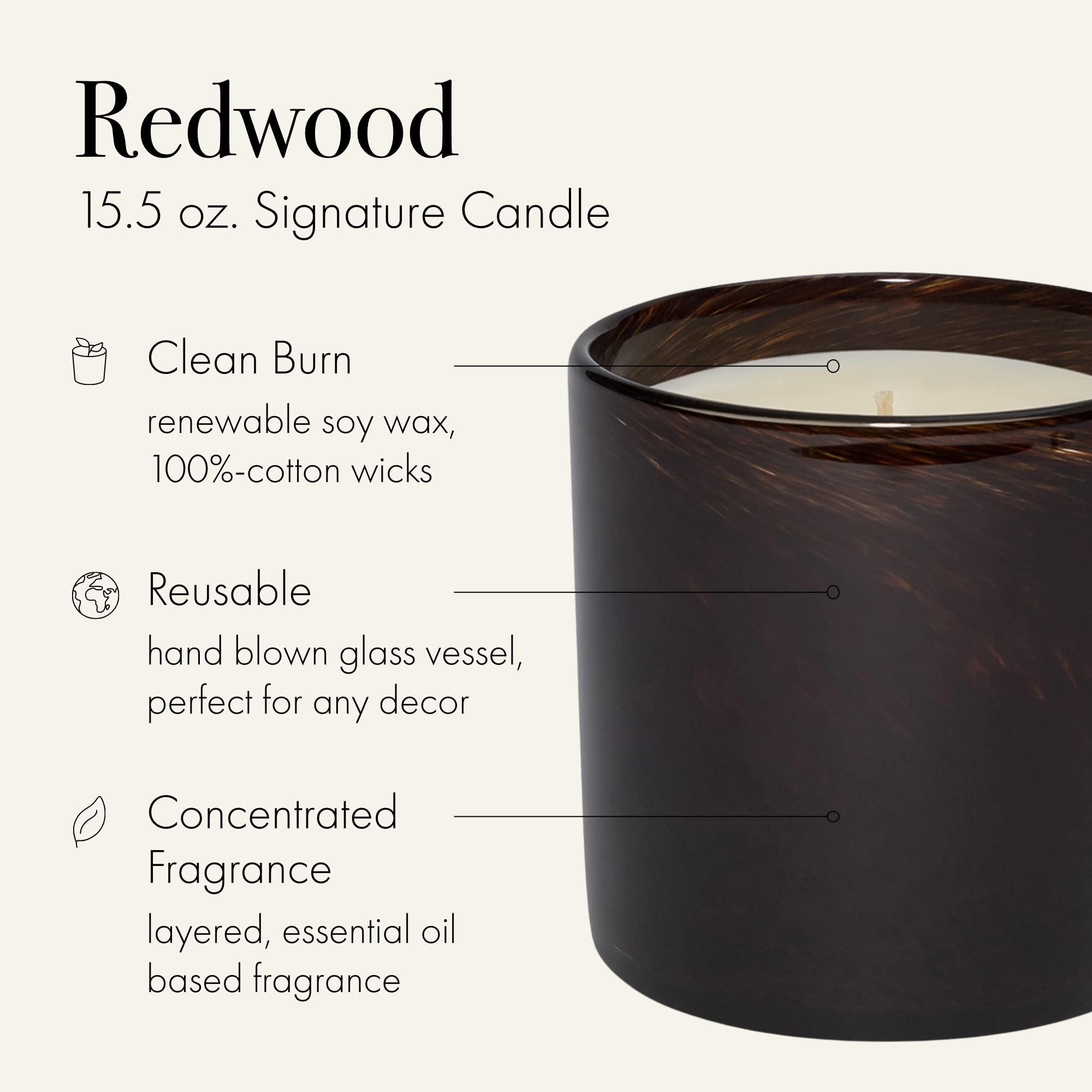 LAFCO New York Signature Candle, Redwood - 15.5 oz - 90-Hour Burn Time - Reusable, Hand Blown Glass Vessel - Made in The USA