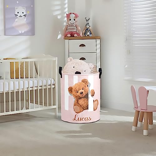 Meet Pink Teddy Bear Personalized Freestanding Laundry Basket Clothes Hamper Waterproof,Custom Laundry Collapsible Storage Bins Toys Baskets with Handle for Bedroom Bathroom