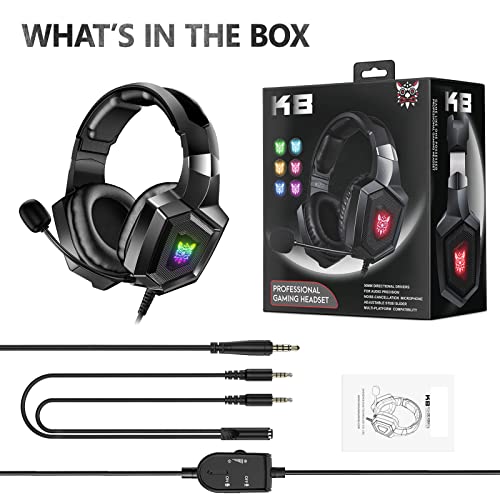 Gaming Headset with Microphone, Gaming Headphones for PS4 PS5 Xbox One PC with RGB Lights, Playstation Headset with Noise Reduction 7.1 Surround Sound Over-Ear and Wired 3.5mm Jack (Black)