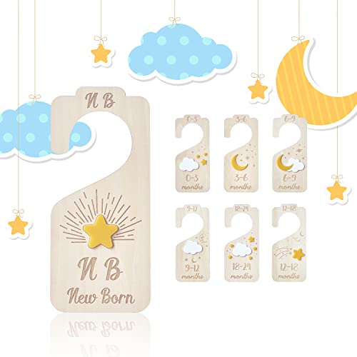 PDRYLY Baby Closet Dividers 7 Pcs,Beautiful Wooden Baby Closet Organizer from Newborn to 24 Months,Adorable Nursery Decor Hanger Dividers Easily Organize Your Baby Room