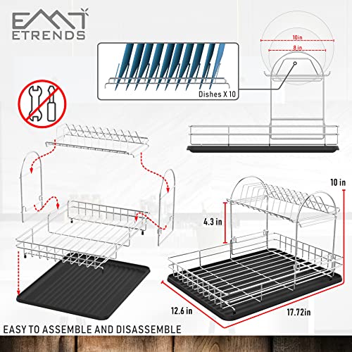 EMT ETRENDS Large Dish Drying Rack,2-Tier Dish Racks for Kitchen Counter,Rust-Proof Detachable Dish Drainers for Sink with Drainboard,Utensil Holder（Chrome Plating，Steel）