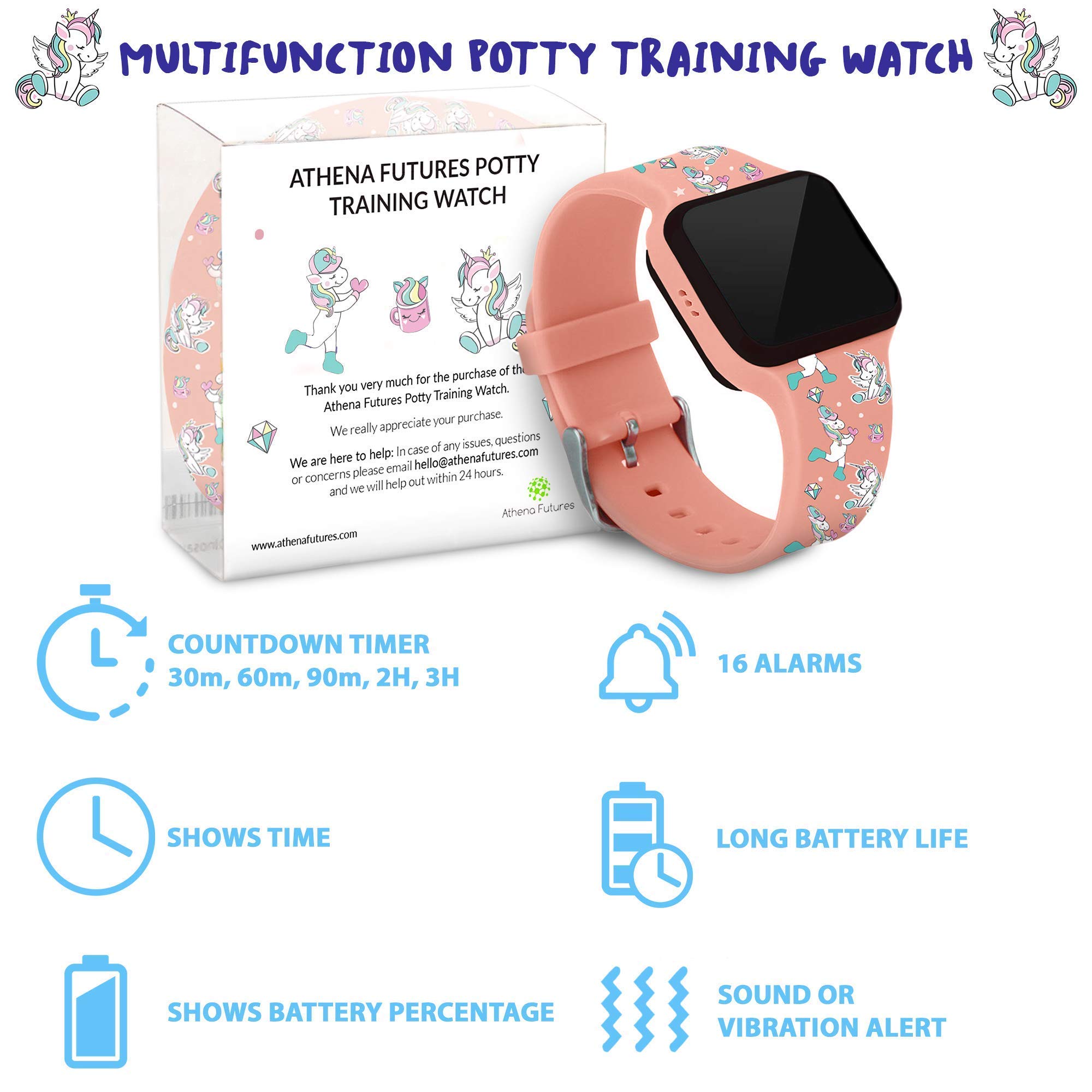 ATHENA FUTURES Potty Training Timer Watch with Flashing Lights and Music Tones Unicorn Pattern and Potty Training Chart for Toddlers - Princess Design - Sticker Chart, 4 Week Reward Chart