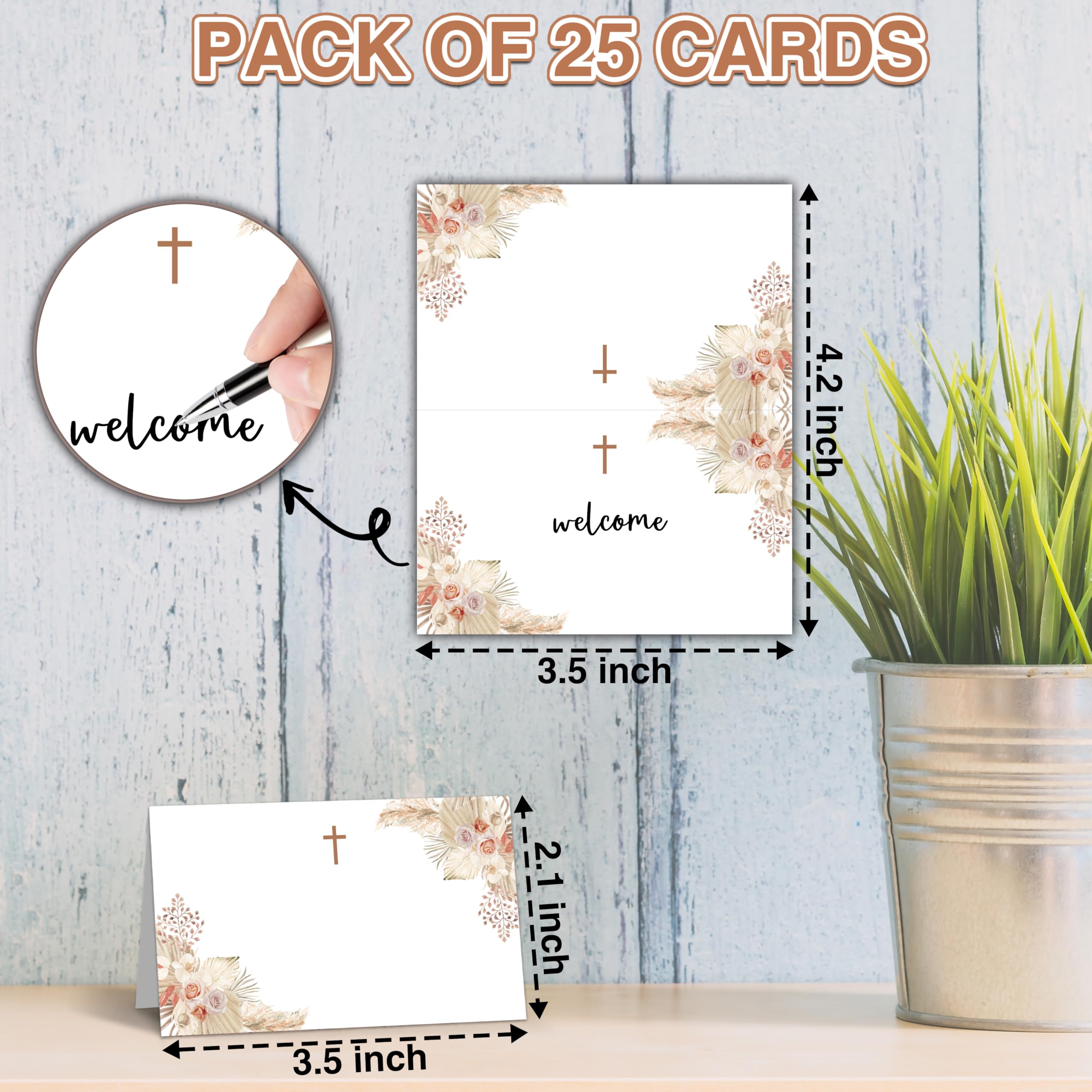 Bohemia Baptism Table Place Cards - 25PCS Tent Cards - Pampas Grass Food Labels - First Holy Communion Name Cards for Table Setting - Baptism Prayer for Baby Table Card - Scored for Easy Folding -20
