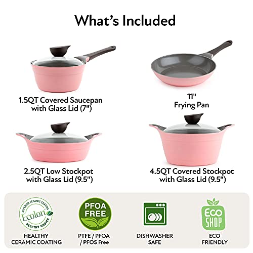 Neoflam Eela 7pc Ceramic Coated Nonstick Cookware Pots&Pan Set with Saucepan, Frying Pan, Casserole Stockpot, Glass Lids, Silicone Hot Handle Holder Included, 7-Piece,Pink