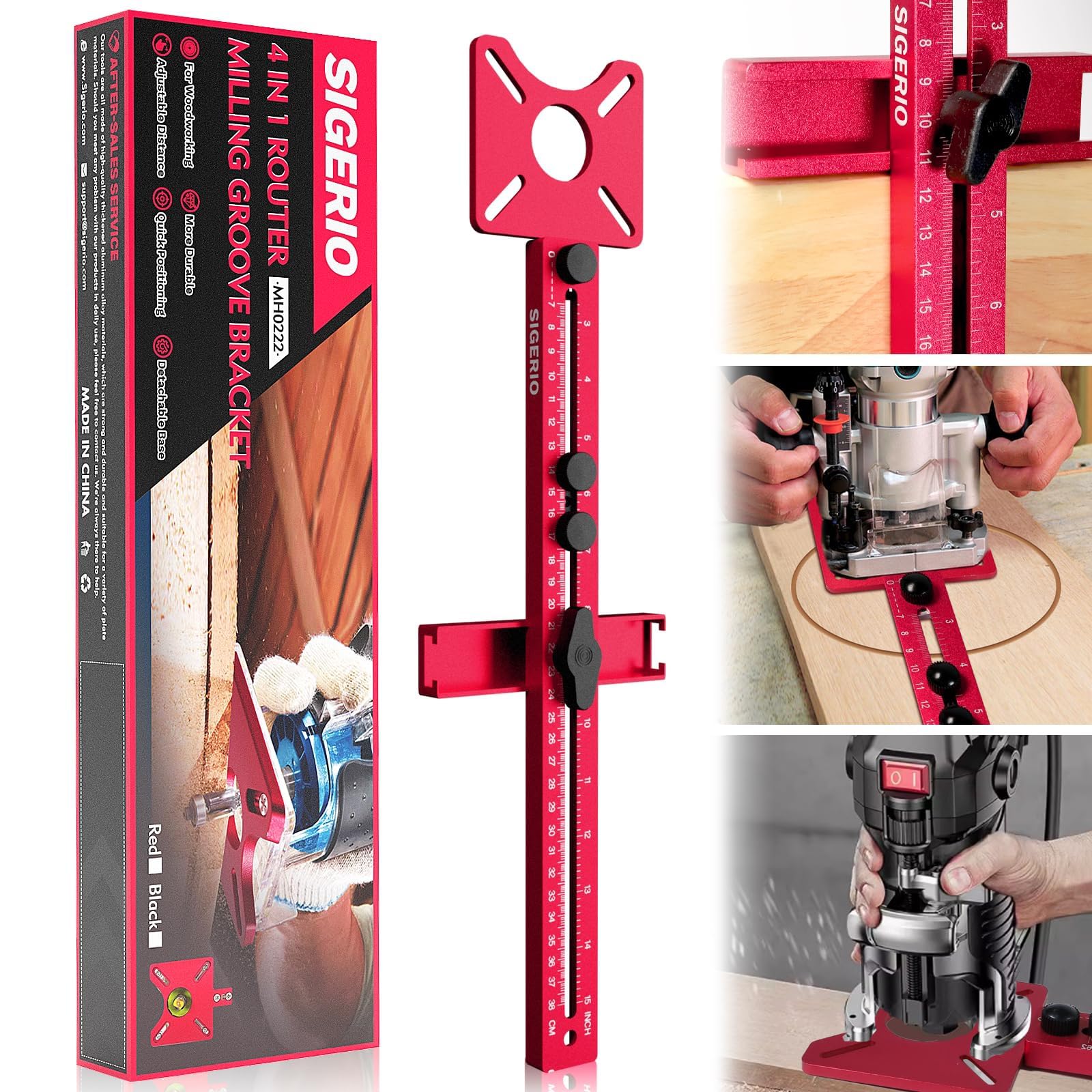 Sigerio 4 in 1 Router Milling Groove Bracket, Aluminum Alloy Router Circle Cutting Jig, Multifunctional Cabinet Hardware Jig and Router Guide, Adjustable Router Jig Tool for Woodworking (Rose Red)