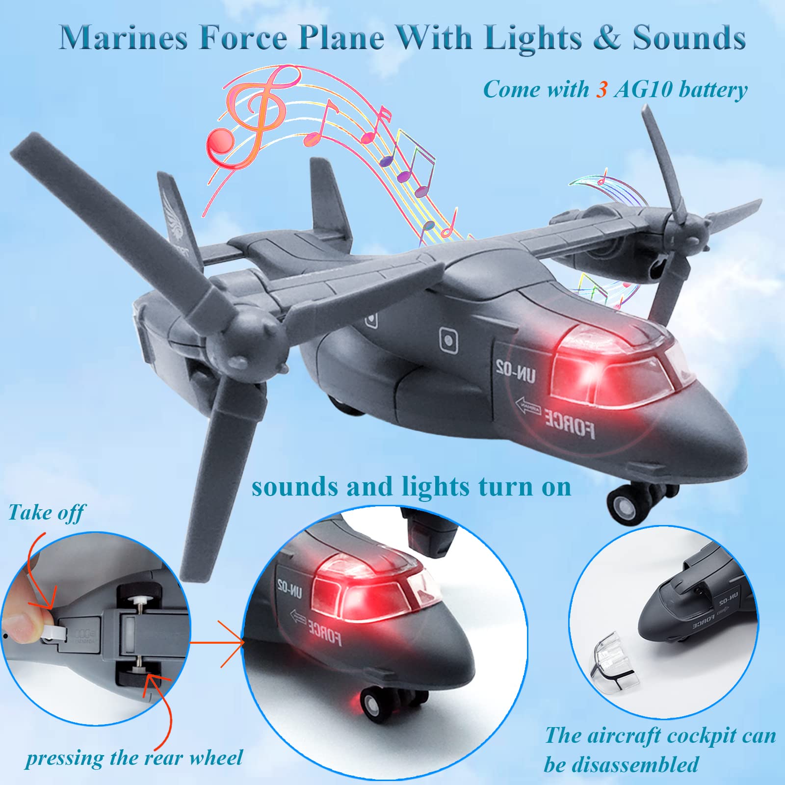 OTONOPI Military Helicopter Toy Marines Force Plane Model Alloy Plane Transport Army Aircraft Fighter Jet Die-Cast Metal Pull Back Airplanes with Lights and Sounds for Kids or Collection