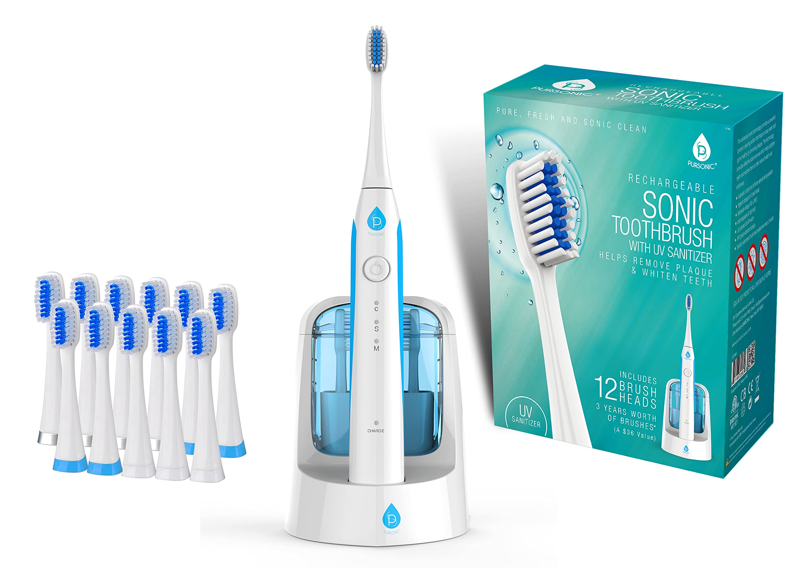Pursonic S750 Sonic Toothbrush (White) — Smart Series Electronic Power Rechargeable Battery Toothbrush — Electronic Toothbrush for Adults — 12 Bonus Brush Heads — Rechargeable Toothbrushes for Adults