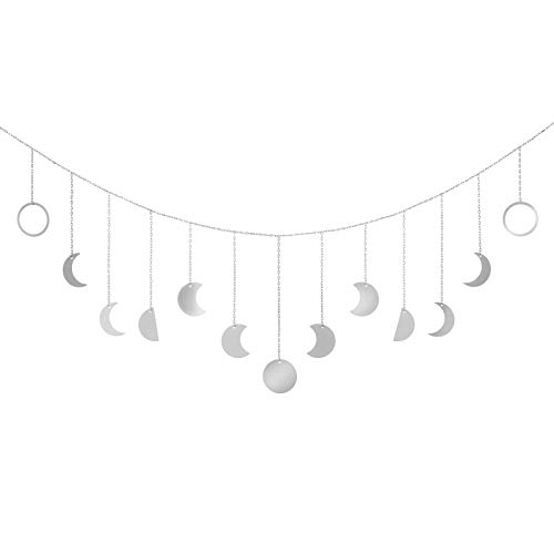 Mkono Moon Phase Wall Hanging Boho Aesthetic Room Decor Metal Moons Garland Hanging Art Bohemian Home Decoration for Girls Room Nursery Bedroom Livingroom Dorm, Ideal Gift, Silver, 55"