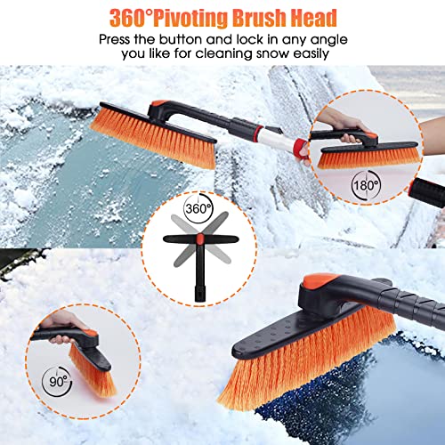 FOVAL 62.4" Extendable Snow Brush and Ice Scraper with 360°Pivoting Brush Head, Snow Removal Car Brush for Windshield Window Trucks SUVs, Essential Winter Tool Ice Remover with Comfortable Foam Grip