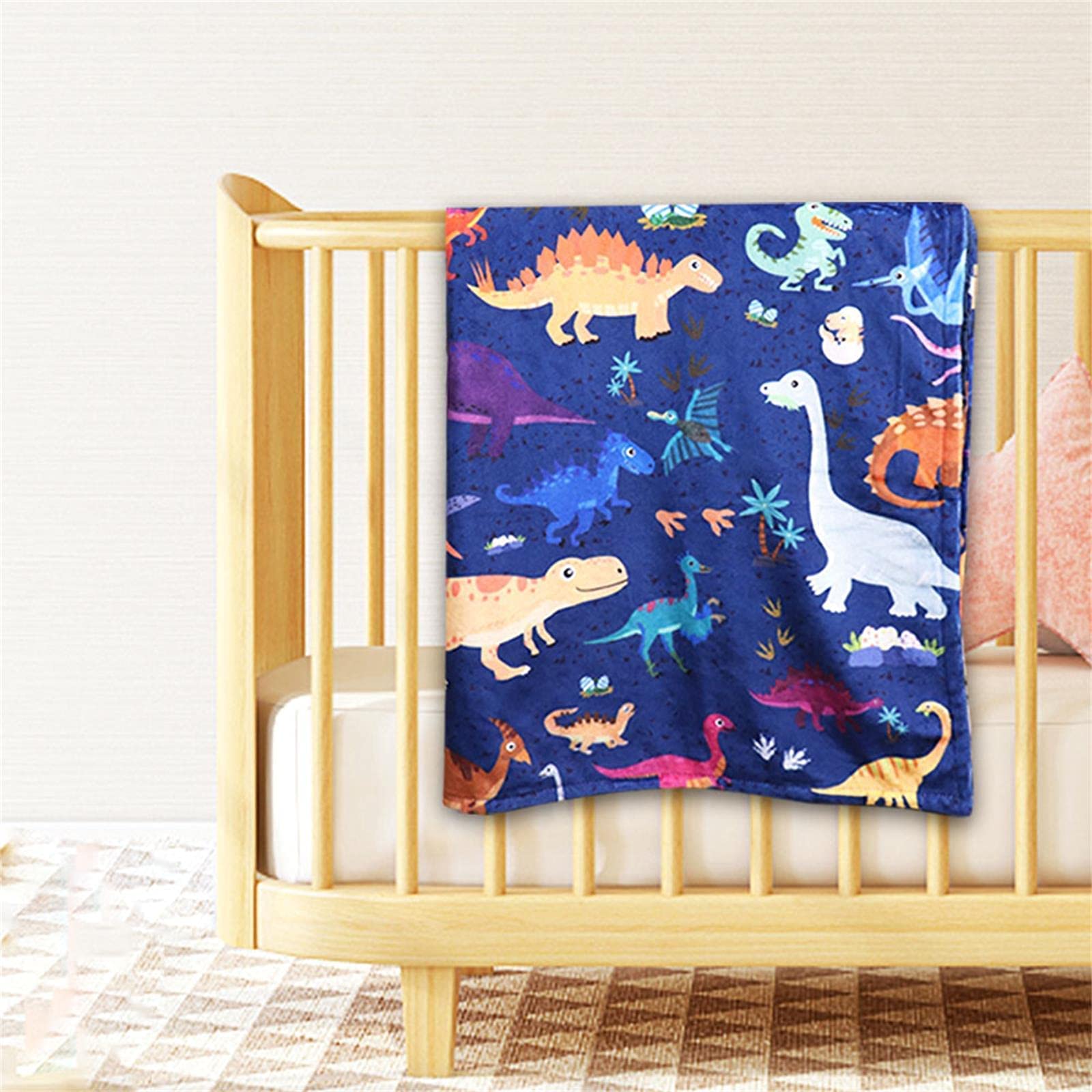 Baby Soft Crib Sheet and Baby Minky Blankets with Blue Dinosaur Printed