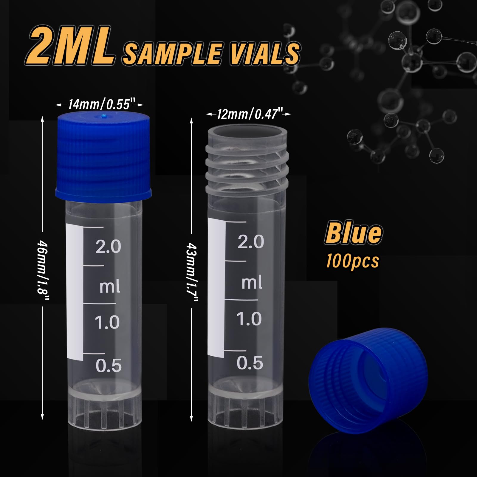 NAOEDEAH 100 Pcs 2ml Vials Centrifuge Tubes Plastic Sample Tubes Cryogenic Vials Small Vials with Screw Caps Graduated Bottles Test Tubes with Lids (Orange)