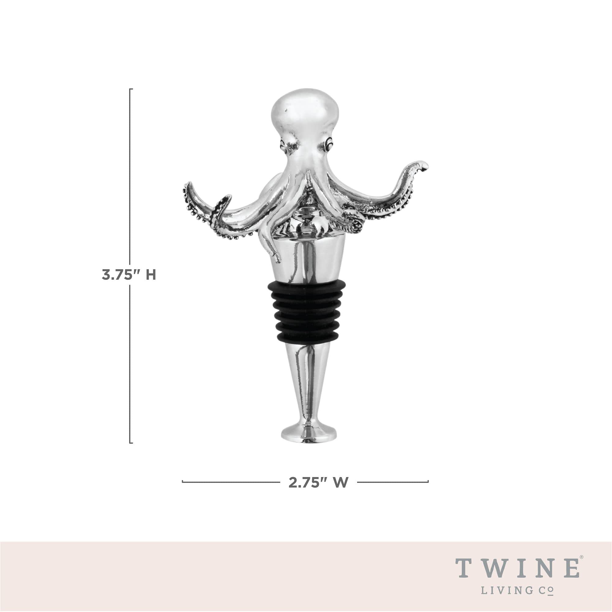 Twine Octopus Wine Bottle Stopper, Keep Wine Fresh, Fits Standard Bottles, Metal, Rubber Seal, Silver, Set of 1
