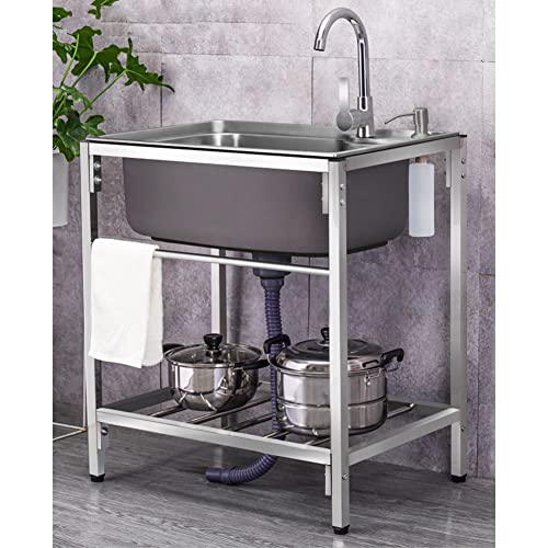 Handmade Sink 304 Stainless Steel Kitchen Sink 1 Compartment Sink Prep Workstation with Faucet for Laundry Room, Backyard, Garages, Garden (Color : Silver, Size : 53x38x75cm)