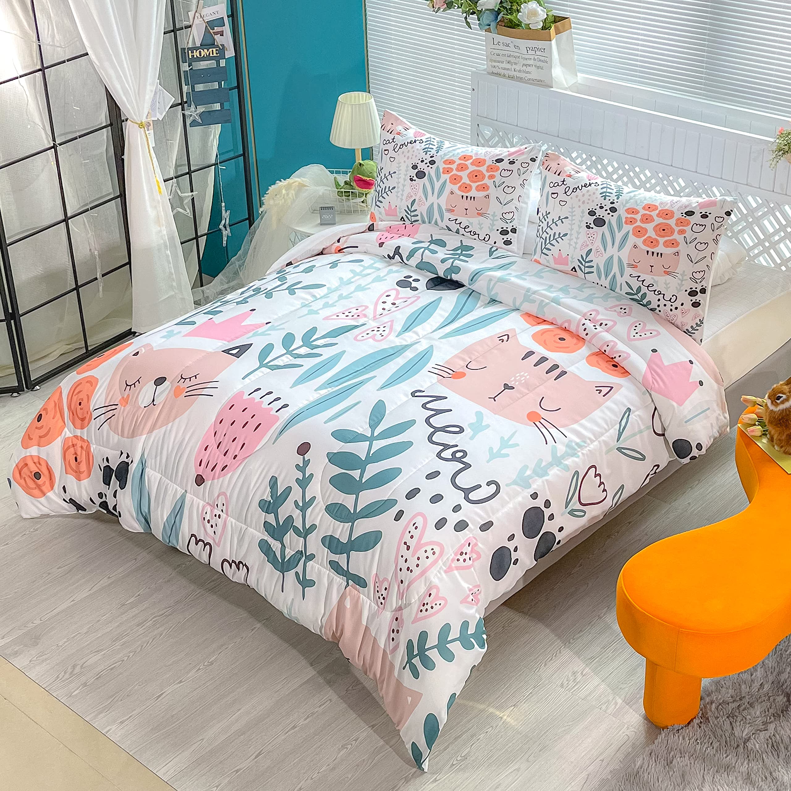 CVHOUSE Cat Bedding,Cartoon Cat Comforter Twin,Animals Print Comforter Set for Kids,Kawaii Quilt Set with 1 Comforter and 2 Pillow Cases