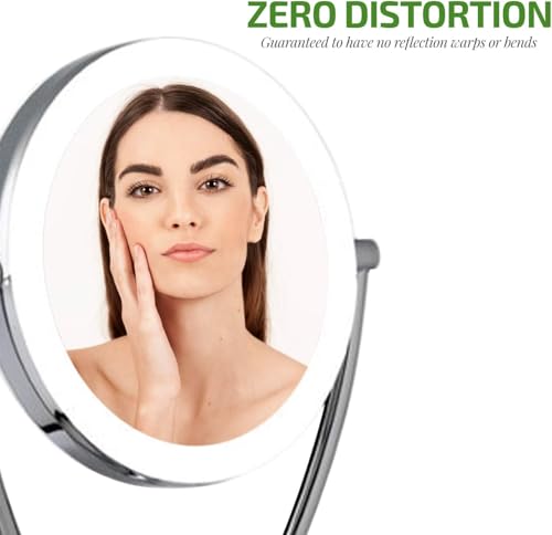 Ovente 8" Lighted Tabletop Makeup Mirror with 1X/10X Magnification, Double-Sided Magnifying Vanity Mirror, Dimmable LED Lights, 360° Swivel Design and Dual Power Supply, Polished Chrome MLT75CH1X10X