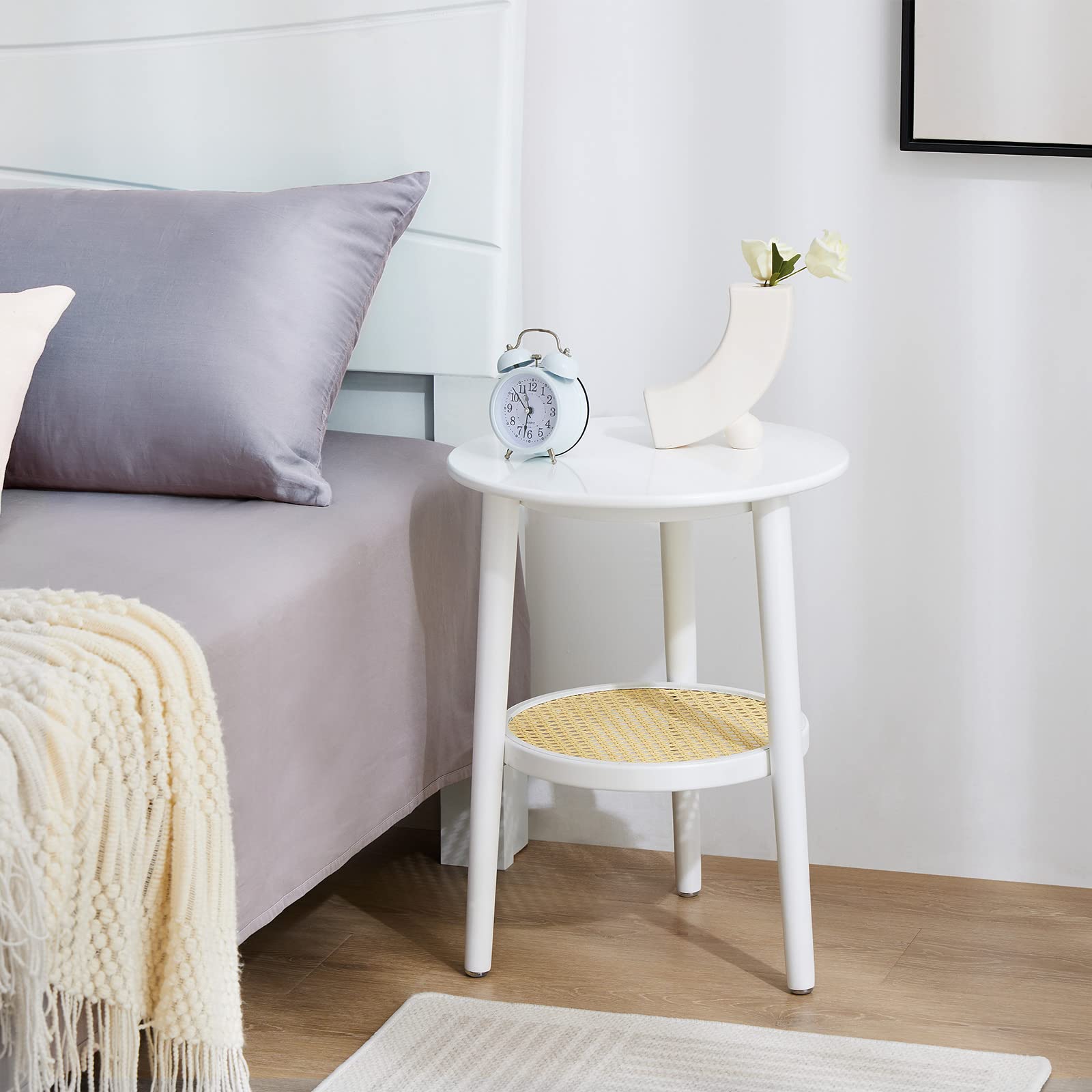 Apicizon 2 Tier Round Side Table, White Rattan Nightstand Bedside Table with Storage, Boho End Table for Living Room, Bedroom, Small Spaces, Easy Assembly, 15 x 19.3 Inches