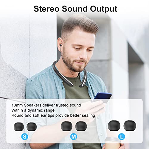 Fabenix Bluetooth Headphones, Bluetooth 5.0 Neckband Bluetooth Headphones, Sweat Resistant Noise Cancelling Stereo Headphones and Retractable Ear Tips for Music, Conference, Videos(Black)