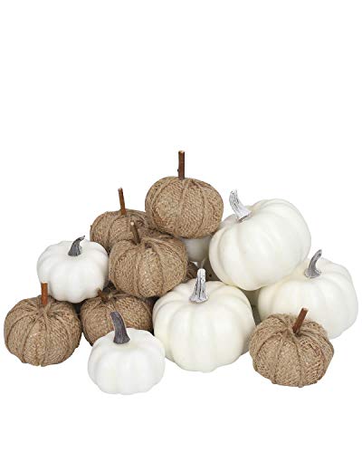 Fabric and White Pumpkins Assorted Size - 16PCS White Pumpkins and Burlap Pumpkins for Rustic Fall Decor, Fabric Pumpkins Perfect for Halloween Thanksgiving Decoration Fall Wedding