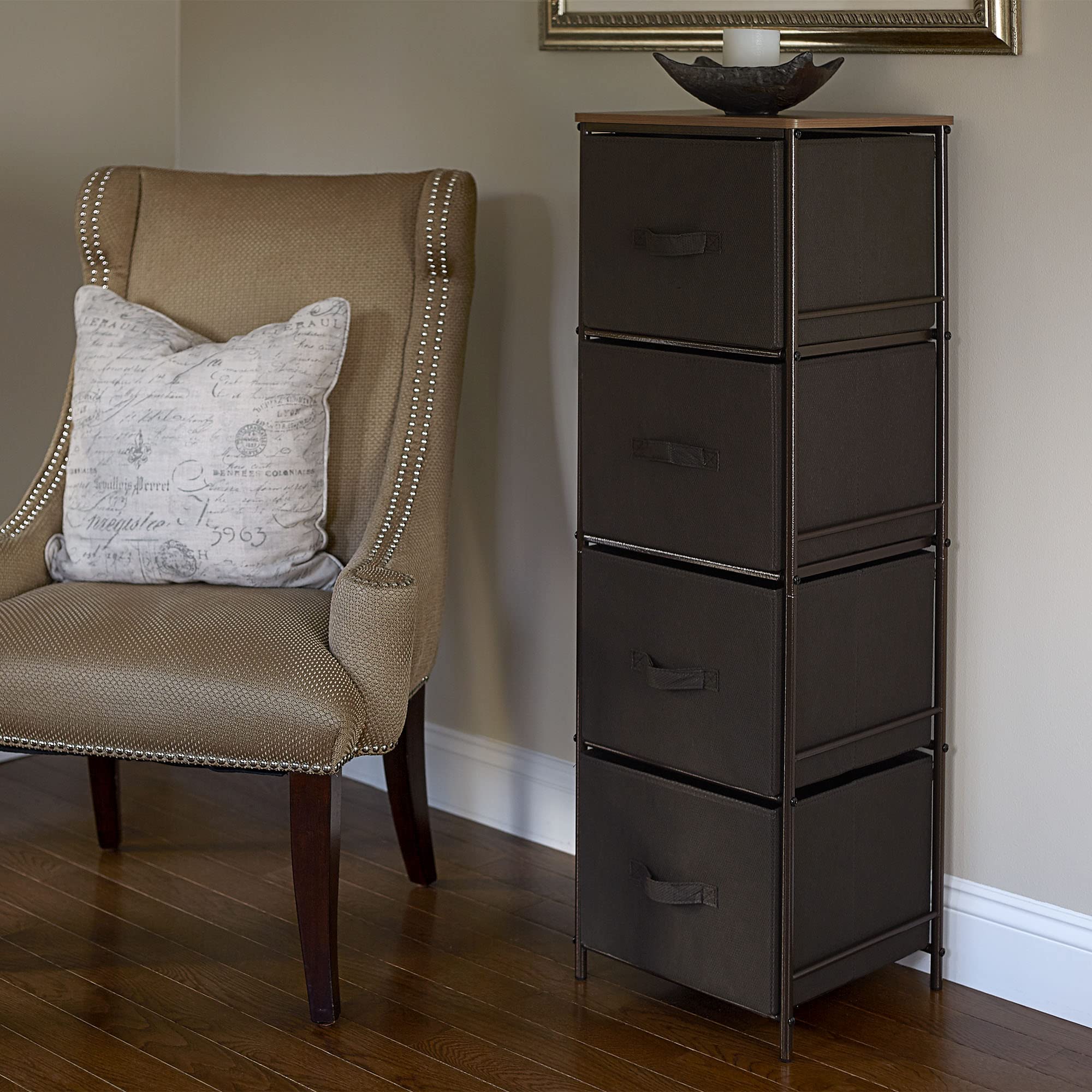 Household Essentials 2-Tier Storage Chest of Drawers Bronze Frame Wood Grain Top and 4 Brown Storage Bins with Natural Jute Trim