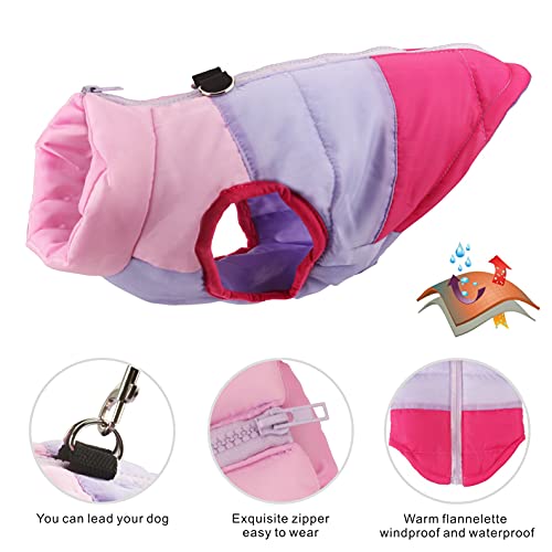 Idepet Pet Dog Cat Coat with Leash Anchor Color Patchwork Padded Puppy Vest Jacket Teddy Chihuahua Costumes Pug Cloth XS S M L (Small, Rose Red)