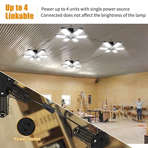 LED Garage Lights, 180W Linkable Shop Lights with Cord Plug in, 18000LM Super Bright Hanging Deformable Garage Ceiling Lighting 6500K Cold White with 6 +1 Adjustable Panel for Warehouse (180W 2PACK)