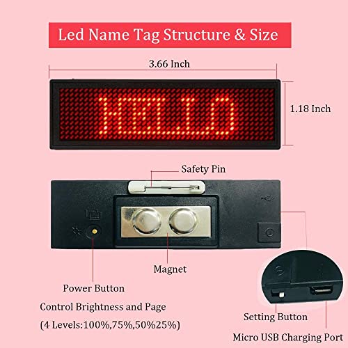 LED Name Badge for Business, USB Programming Digital Display 44 x 11 Pixels Use Rechargeable LED Card Screen for Bar Hotel Party Supermarket School and Restaurant