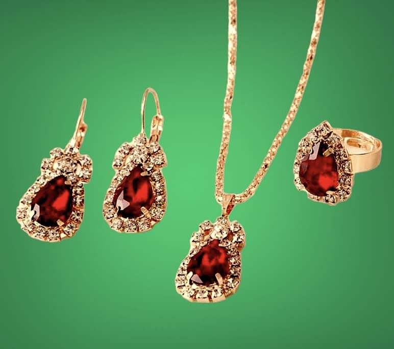 EONLINE Fashion Gemstone Claw Chain Diamond Necklace Earrings Ring Three Piece Jewelry Sets (Red Gemstone)