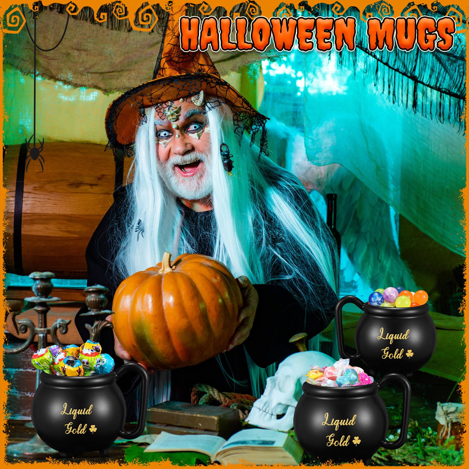 Uiifan 12 Pcs 15 oz Halloween Cauldron Plastic Witches Brew Cauldron Pot Halloween Cauldron Candy Bowl for Halloween Party Decorations (Clover Style)