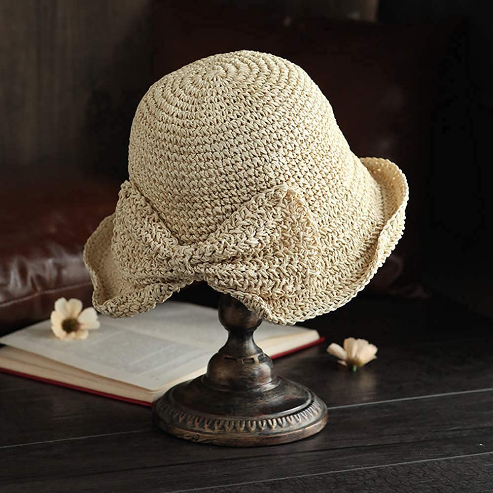 Foldable Wide Brim Floppy Straw Beach Sun Hat,Summer Cap with Bowknot for Women Girls,Strap Adjustable (2 Pack Beige & Khaki)