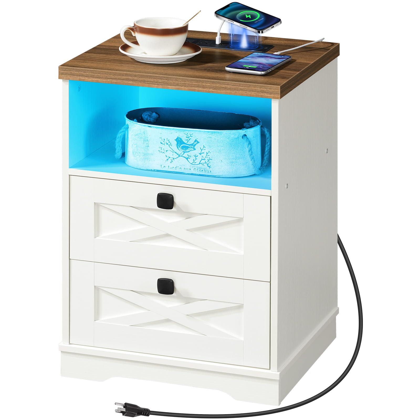 HOOBRO Nightstand with Wireless Charging Station and LED Lights, Farmhouse End Table with 2 Drawers and Open Shelf, Smart LED Side Table with Wireless and USB for Bedroom, Antique White WH140UDBZ01