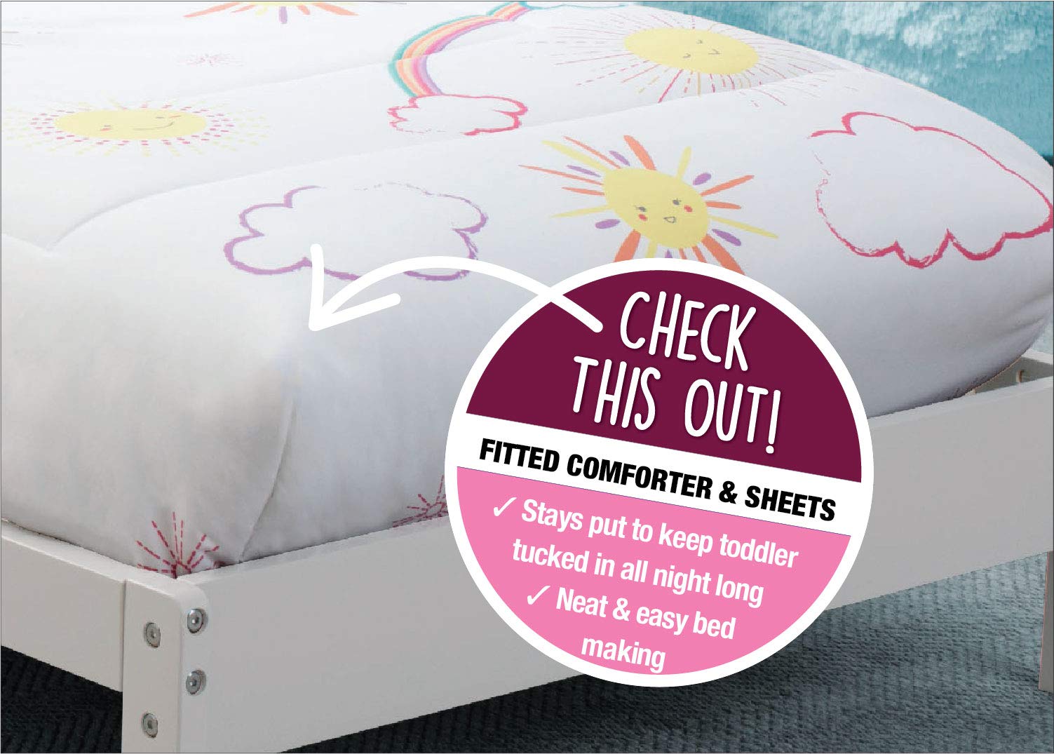 Delta Children Toddler Bedding Set | Girls 4 Piece Collection | Fitted Sheet, Flat Top Sheet w/Elastic Bottom, Fitted Comforter w/Elastic Bottom, Pillowcase, Sunshine | Multi Color